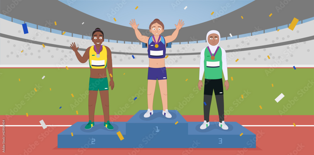 Illustration of female athletes on winners podium in stadium. Gold ...
