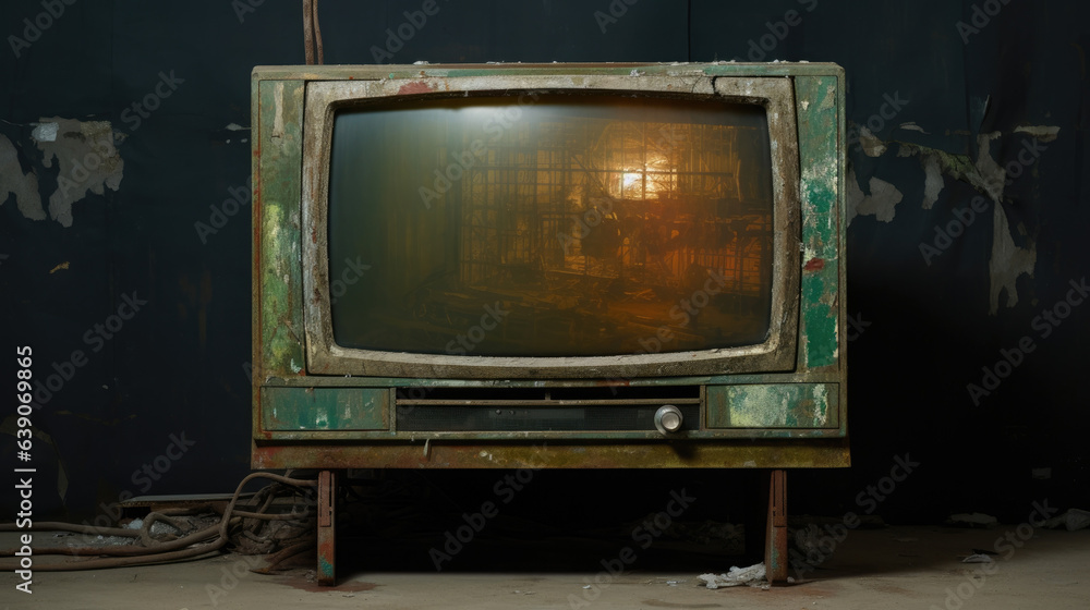 An old tube television that sits atop a powered stanchion reclined back ...