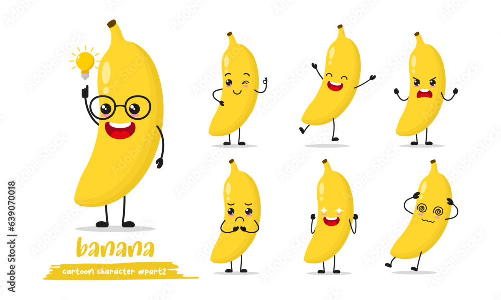 cute banana cartoon with many expressions. fruit different activity pose vector illustration ...