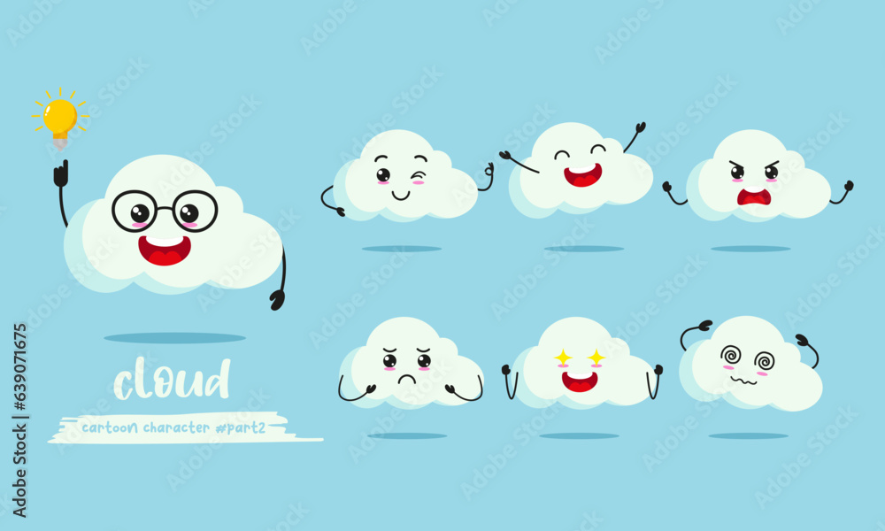 cute cloud cartoon with many expressions. cloud different activity pose ...