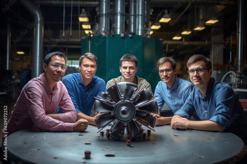 Group portrait photography of a creative engineer brainstorming ...