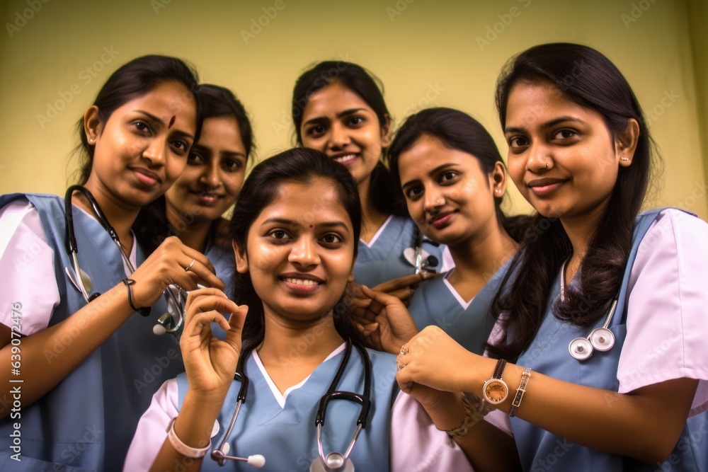 Group of young doctors and nurses standing in a row with stethoscopes ...