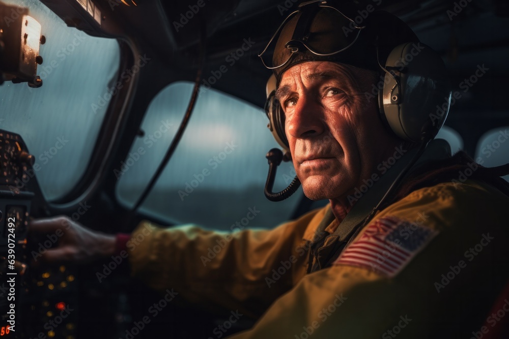 Portrait of an elderly pilot in the cockpit of a helicopter. Stock ...
