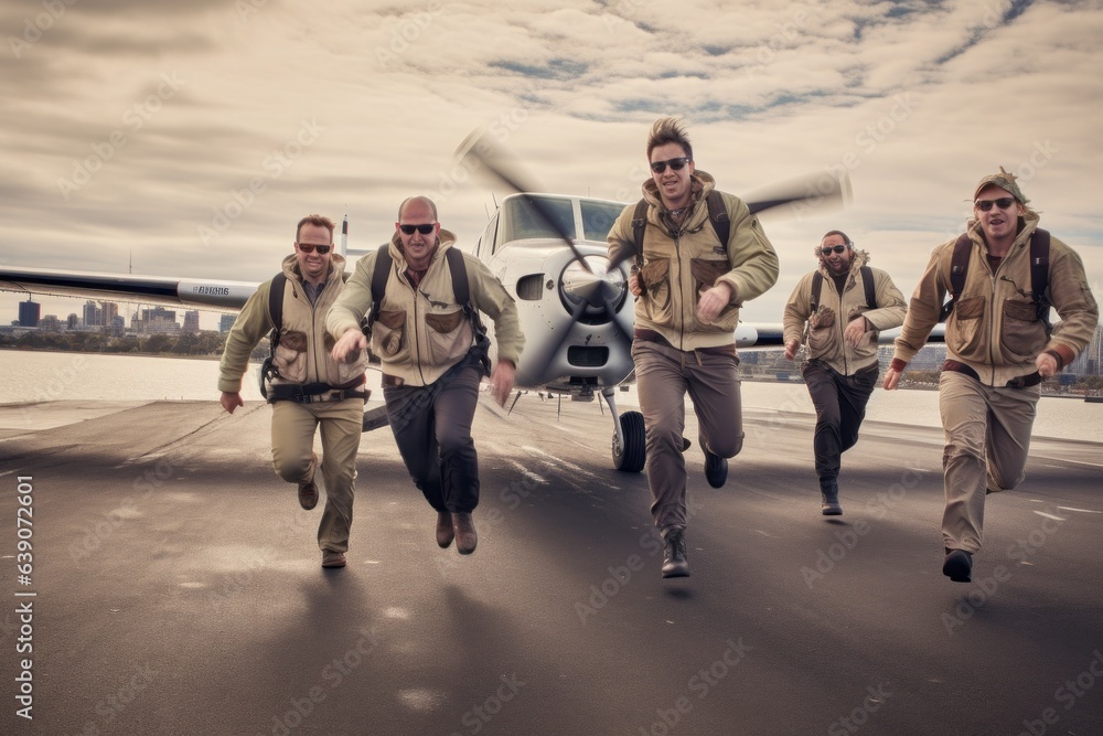 Group portrait photography of an adventurous pilot taking off for a ...