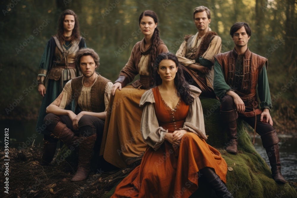 Portrait of a group of medieval people sitting on the river bank. Stock ...