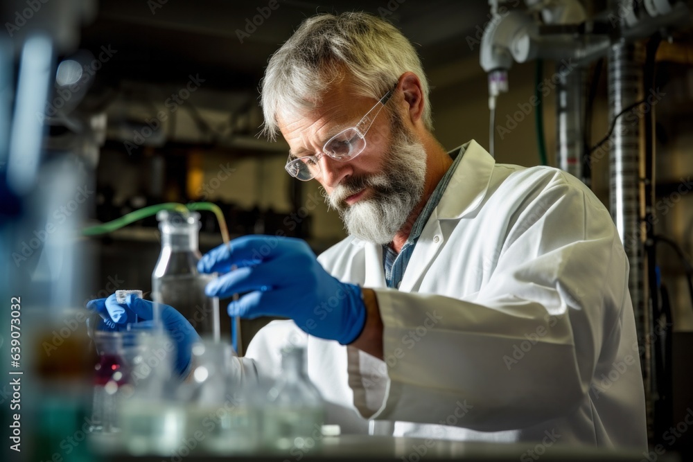 Senior scientist working in a laboratory. He is wearing a white coat ...