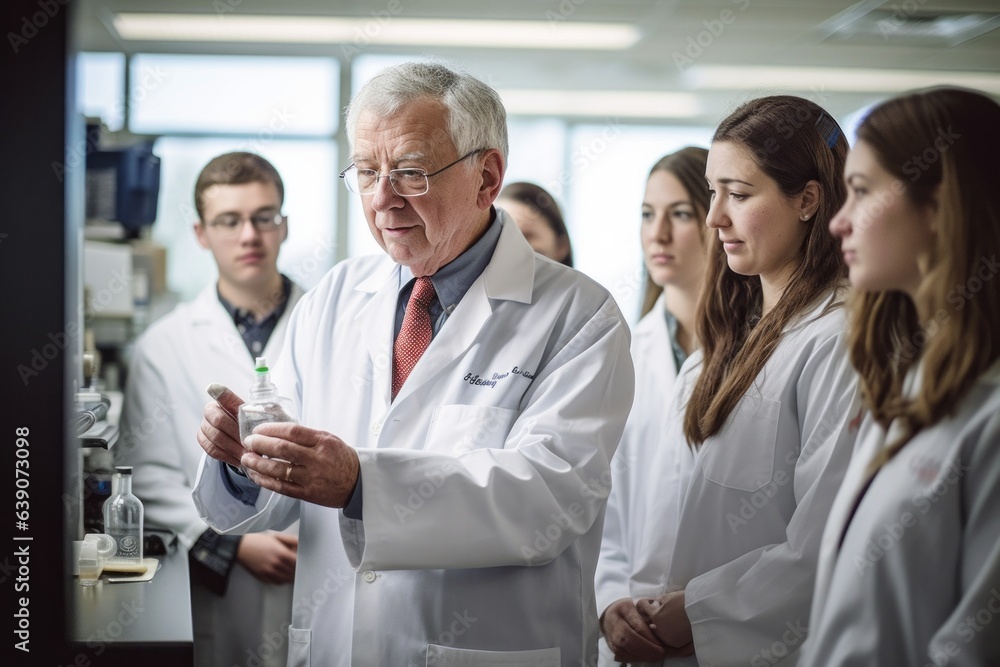 Group portrait photography of an innovative scientist presenting a ...