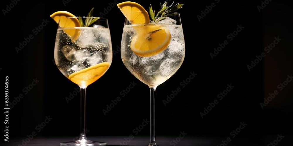 Two tall gin glasses with a spritz drink made of ice, soda and an ...