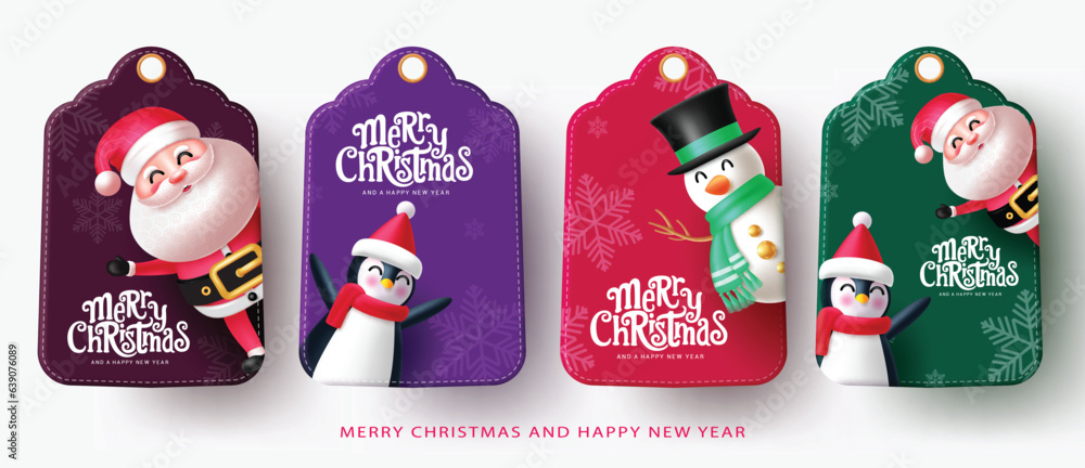 Christmas characters tags vector set design. Merry christmas text with ...