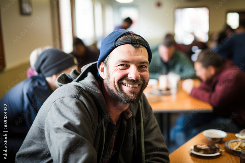 A homeless man eats in the shelter's canteen Stock Photo | Adobe Stock