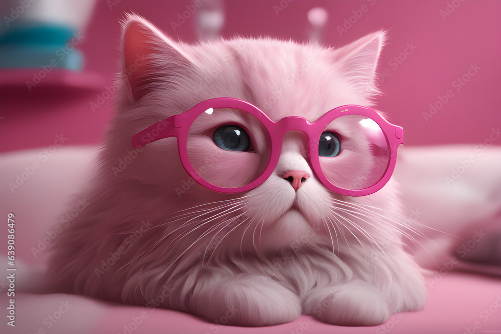 Digital art, pink cat with glasses, cute cat, big eyes and big waves ...