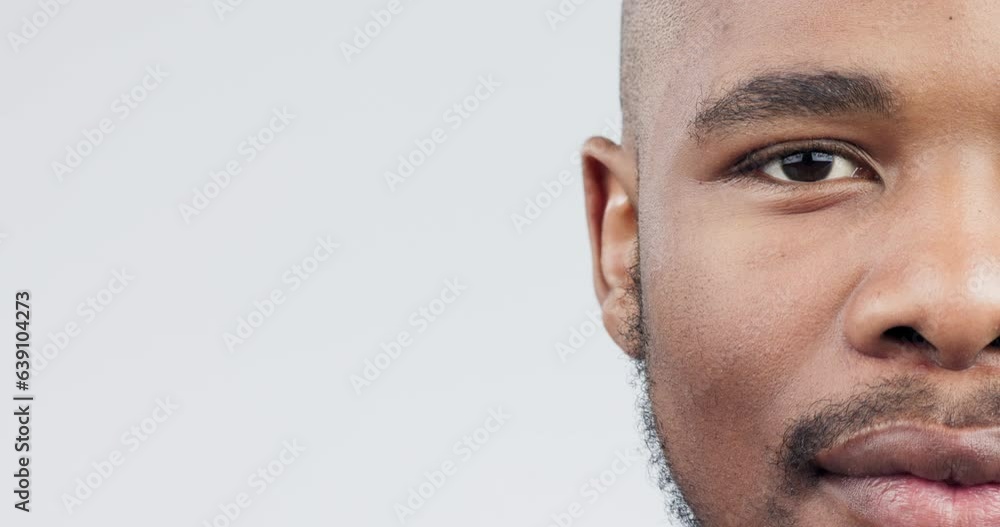 Eye, vision and space with portrait of black man in studio for mockup ...