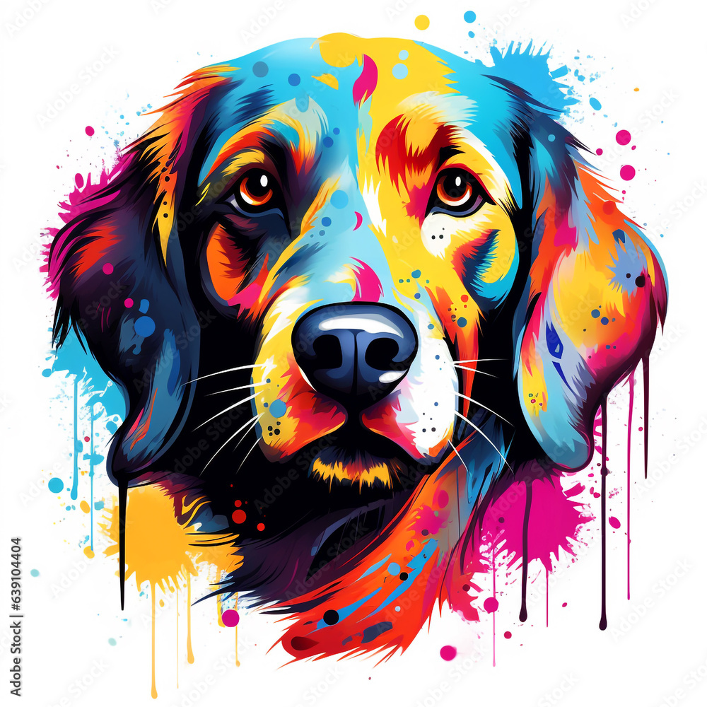 Head of a colorful Dog with splashes of multiple colors. The face of a ...