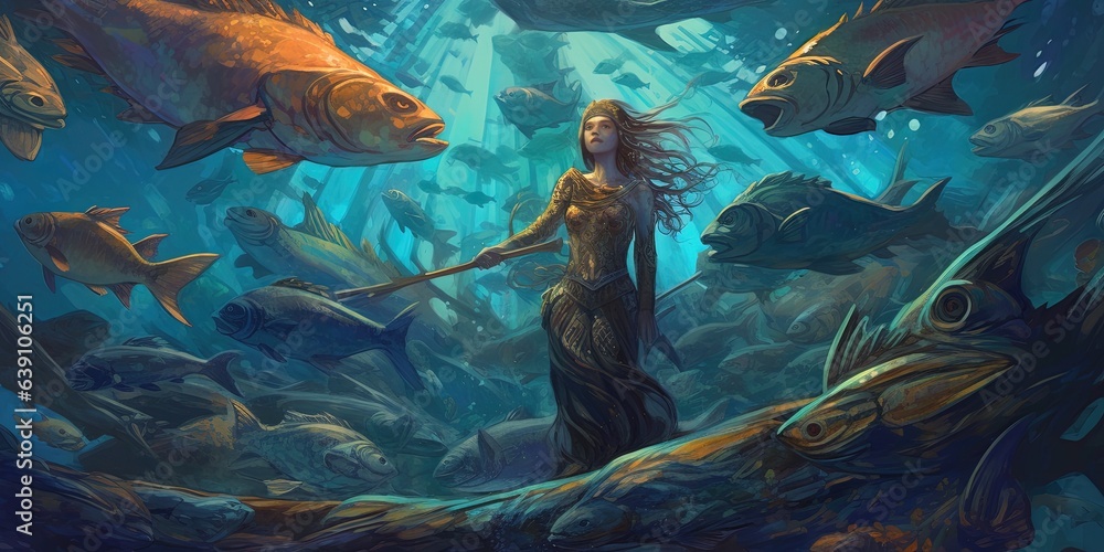 A man holding a mermaid confronts a group of legendary fish under the ...