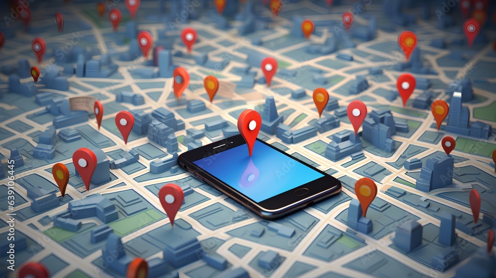 Concept of geofencing, featuring a digital map with virtual boundaries, a location pin, and a ...