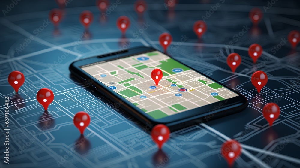 Concept of geofencing, featuring a digital map with virtual boundaries, a location pin, and a ...