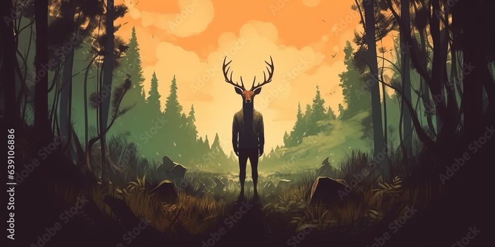 Human with springbok head standing on background of forest, digital art ...