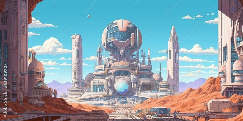 An anime architecture building illustration of towers in a sci fi world ...