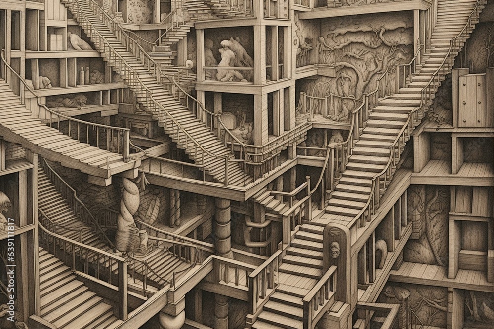 Artistic portrayal of endless staircases by Escher. Generative AI Stock ...
