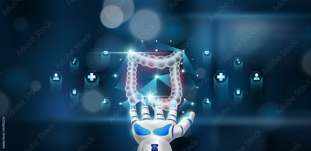 Human intestine organ inside cube float in doctor robot hand. Health ...