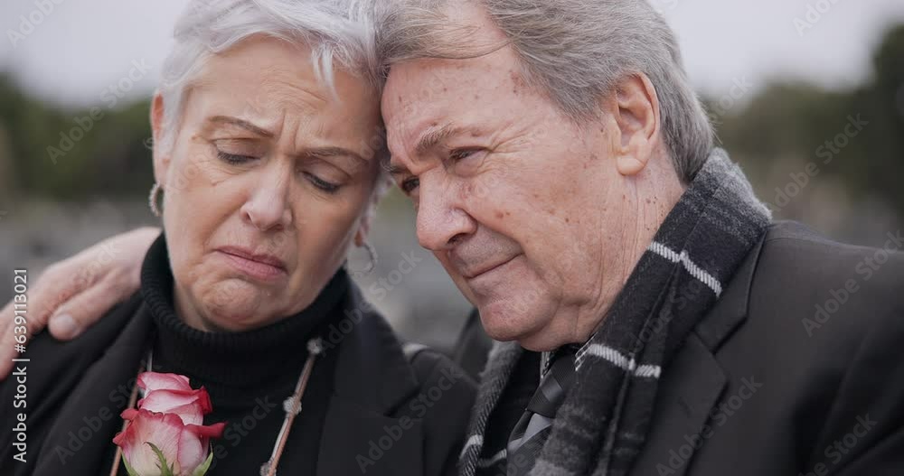 Funeral, graveyard and senior couple hug for comfort, empathy and ...