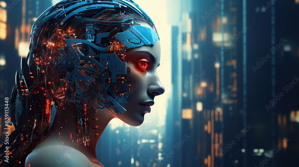 Young female humanoid head is connected to a super computer ...
