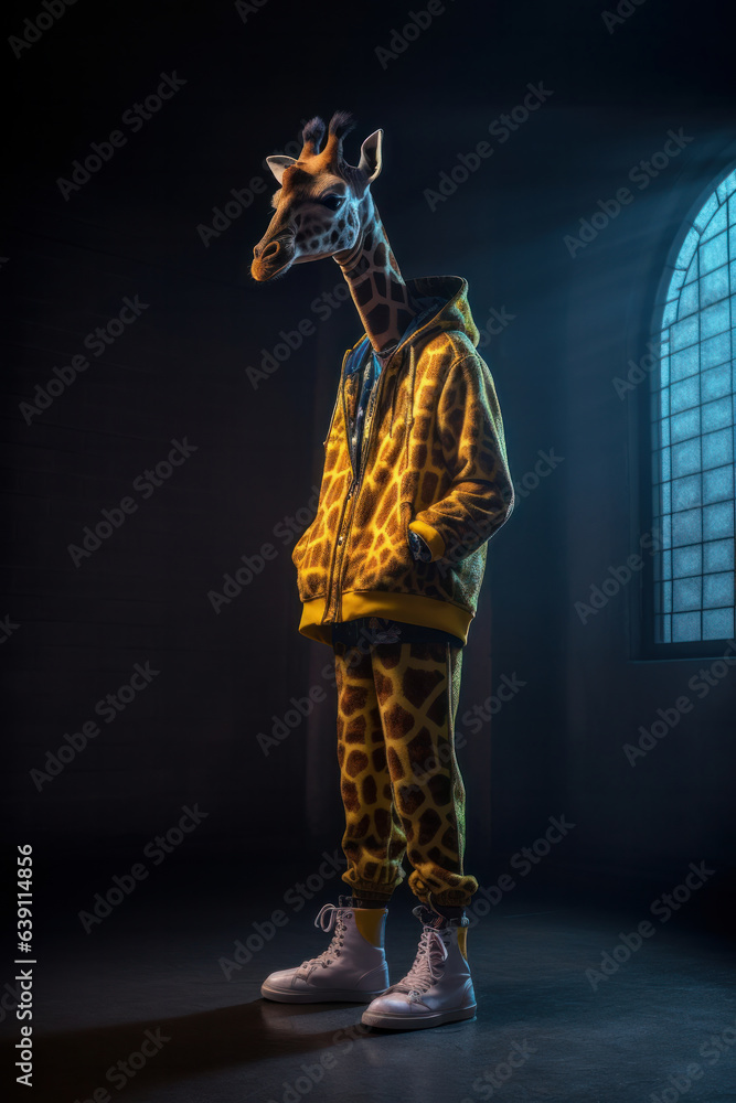 Quirky giraffe in a surreal outfit of jacket and pants, a bizarre and ...
