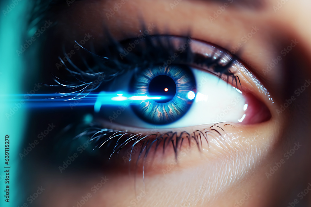 Laser vision correction. Woman's eye. Human eye. Woman eye with laser ...