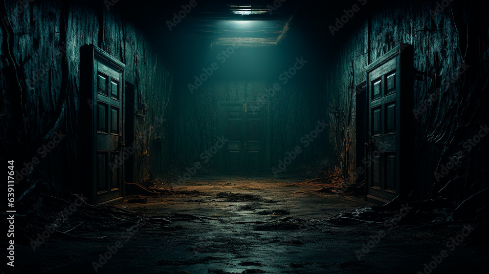 empty dark room with old and damaged walls, night scene with neon light ...