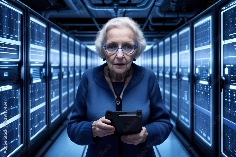 senior citizen adeptly operates in a high-tech blue server room ...