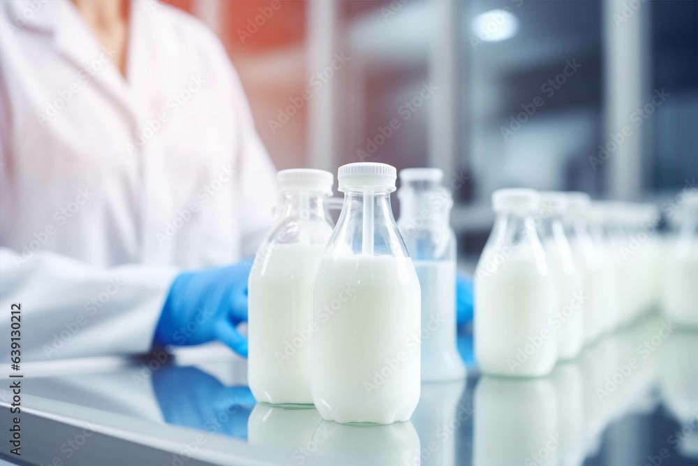 Milk glass bottles in laboratory. Concept for lab grown milk from ...