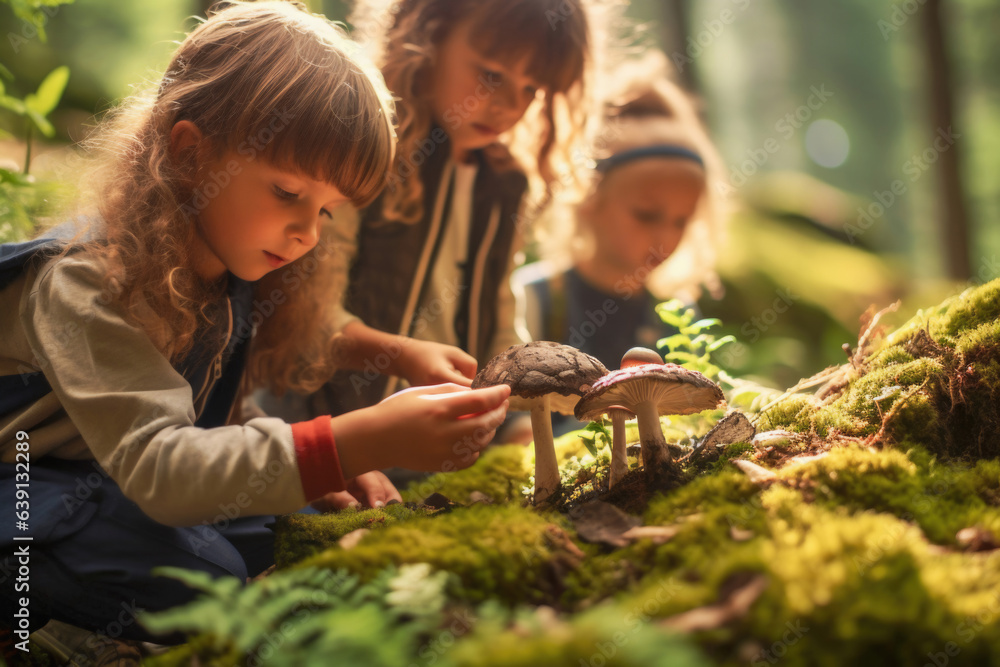 Fictional children looking at mushrooms in the woods in early autumn ...