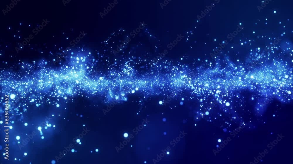 Abstract background of magic particles in blue color, particles glow ...