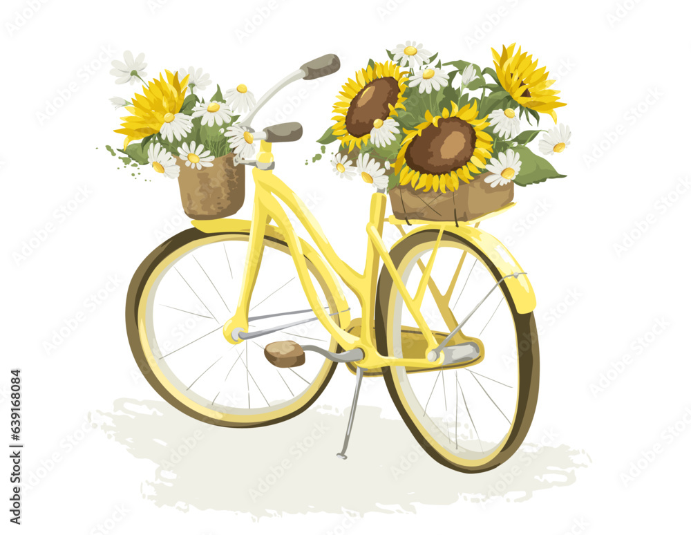 Sunny yellow retro bike with two baskets of flowers. Postcard with ...