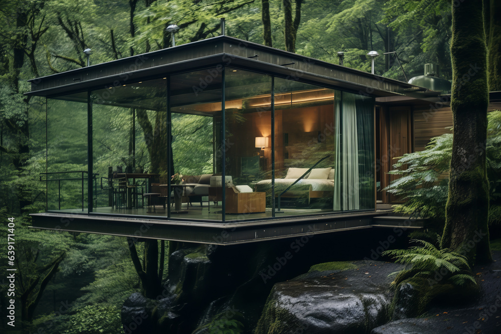 A contemporary treehouse showcases sleek glass walls, perfectly ...