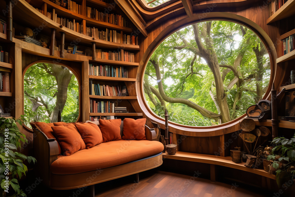 High above, a treehouse transforms into a serene library oasis ...