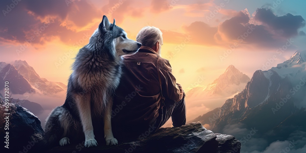 back view portrait of old man sitting with wolf on the high mountain ...