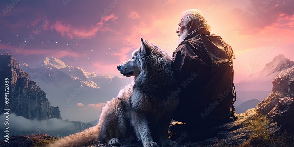 back view portrait of old man sitting with wolf on the high mountain ...