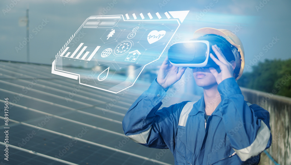 Engineer inspect and check solar cell panel and wearing vr glasses to ...