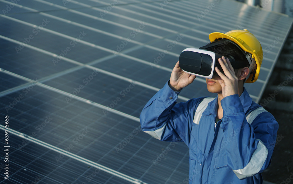 Engineer inspect and check solar cell panel and wearing vr glasses to ...