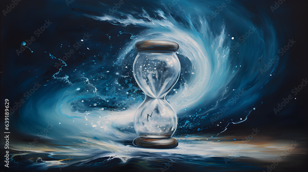 Abstract concept of time oil painting of an hourglass set amidst a ...