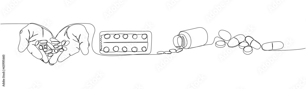 Medicines set. Tablets, capsules, herbal, medicine one line art ...