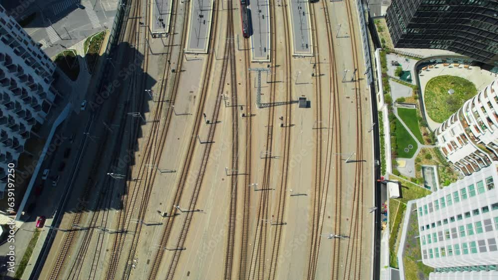 train railroad and tracks of Vienna central station, Aerial overview ...