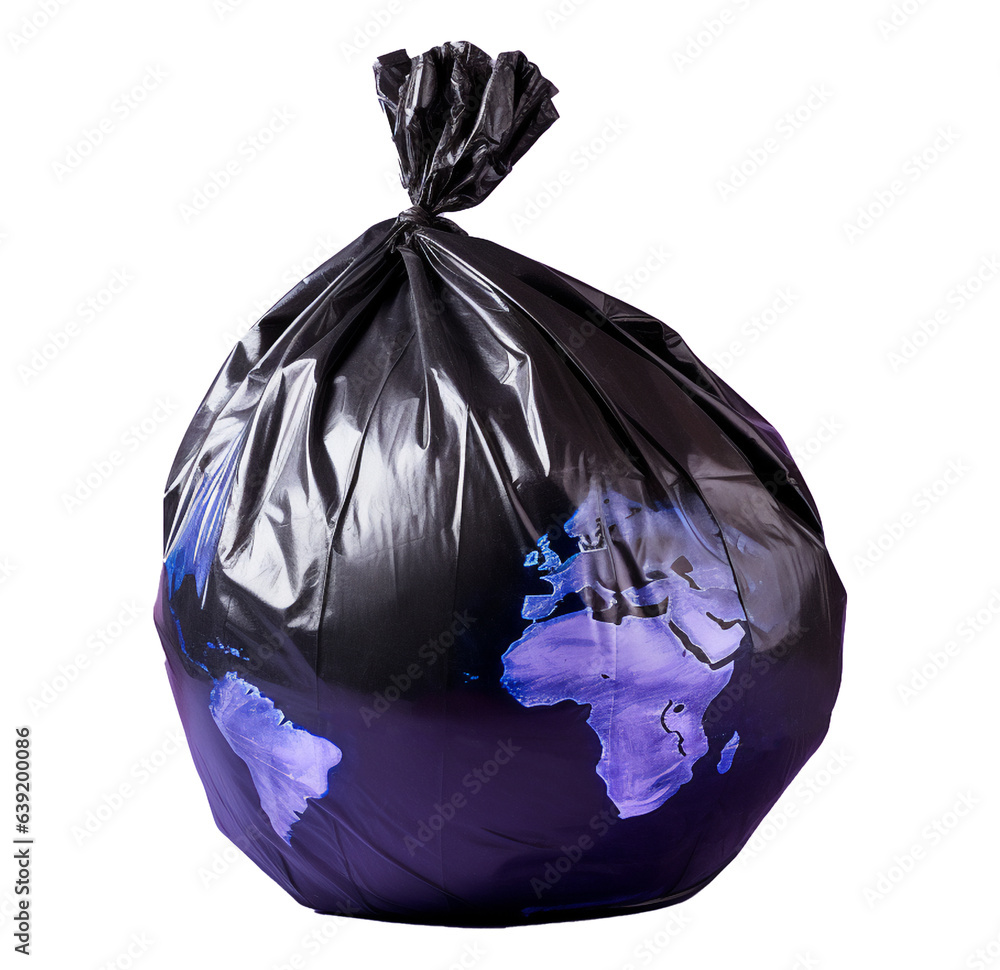Isolated Purple Earth in polyethylene black plastic disposable package ...