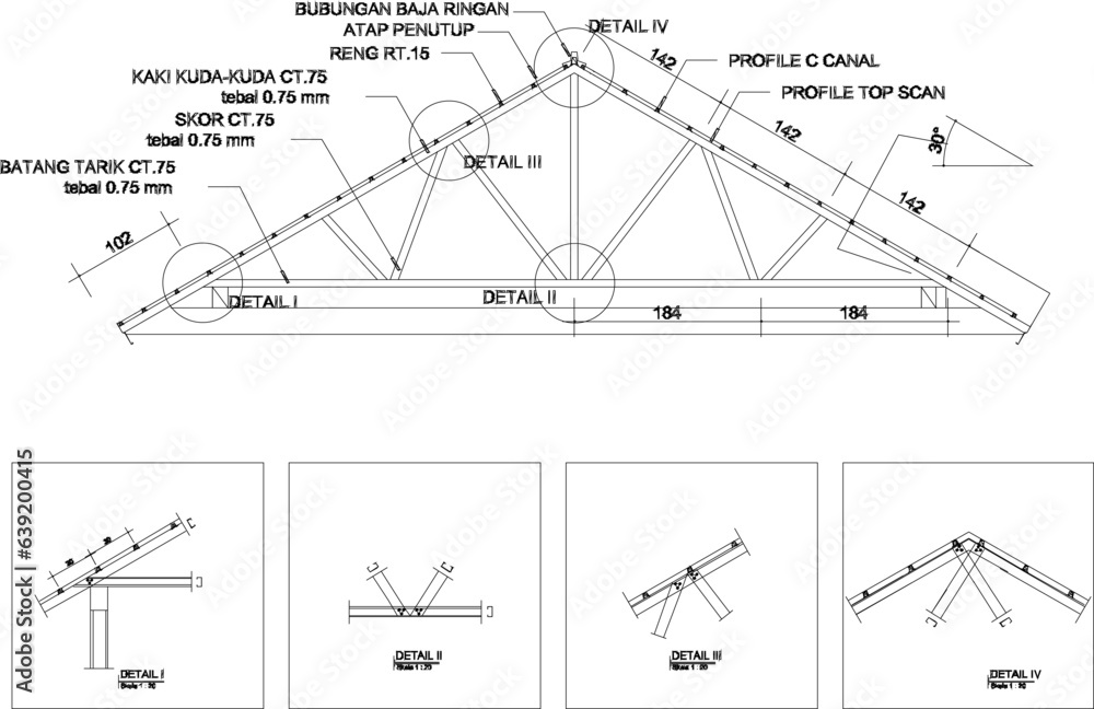 Vector sketch illustration of simple house roof wooden easel detail ...
