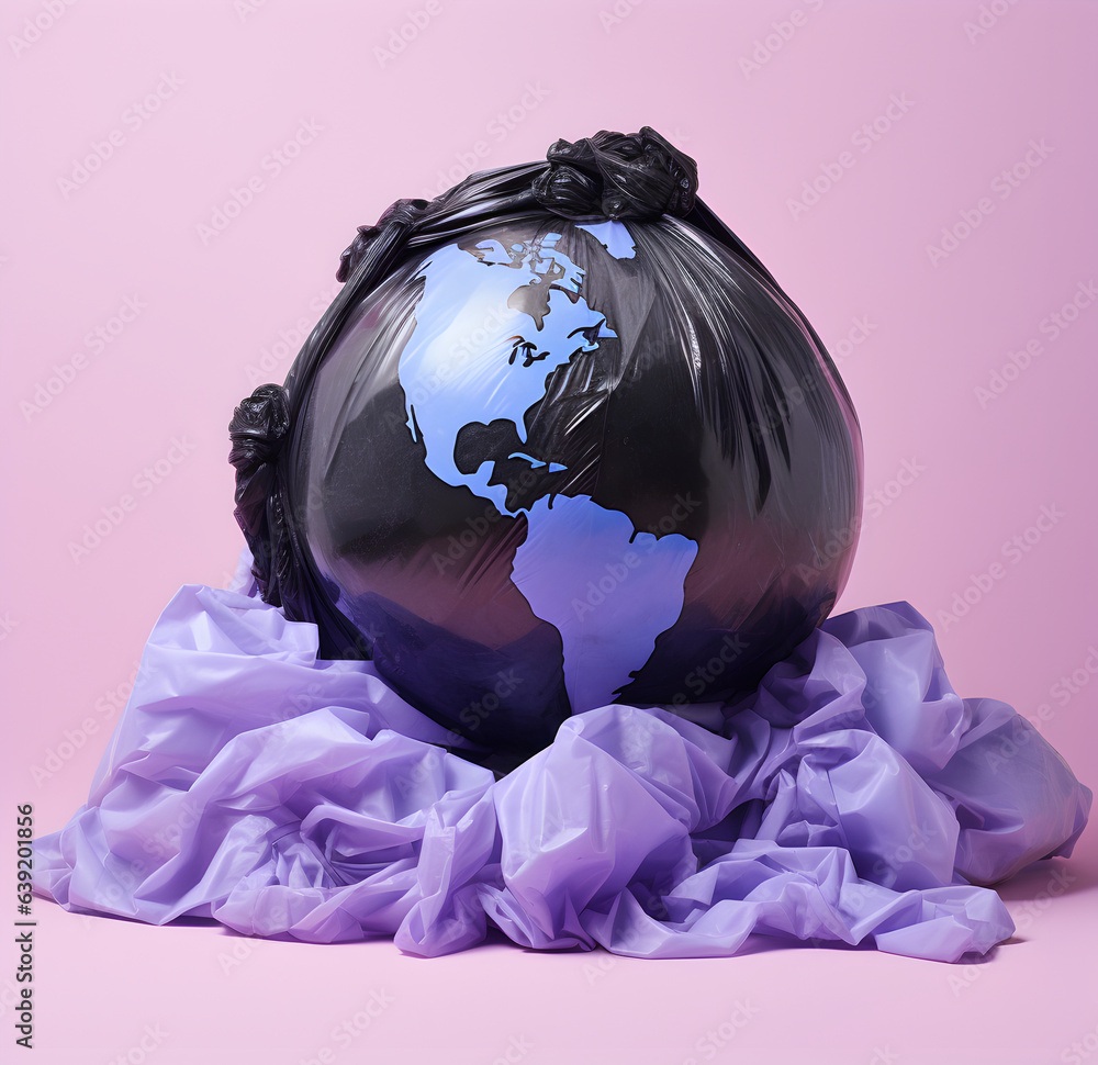Purple Earth in polyethylene black plastic disposable package. Concept ...