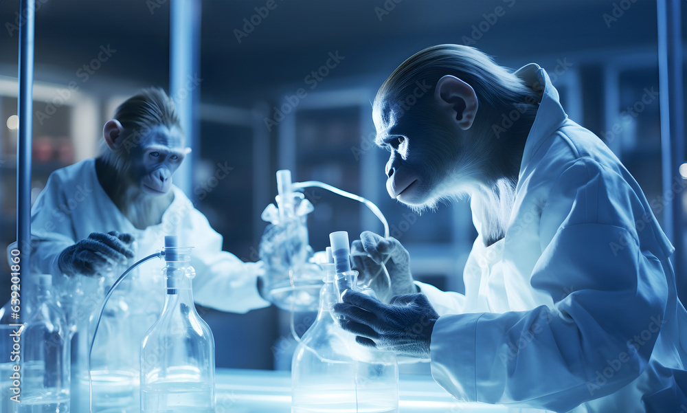 Monkey scientists in white coats work in the laboratory. Genetic engineering, the concept of the ...
