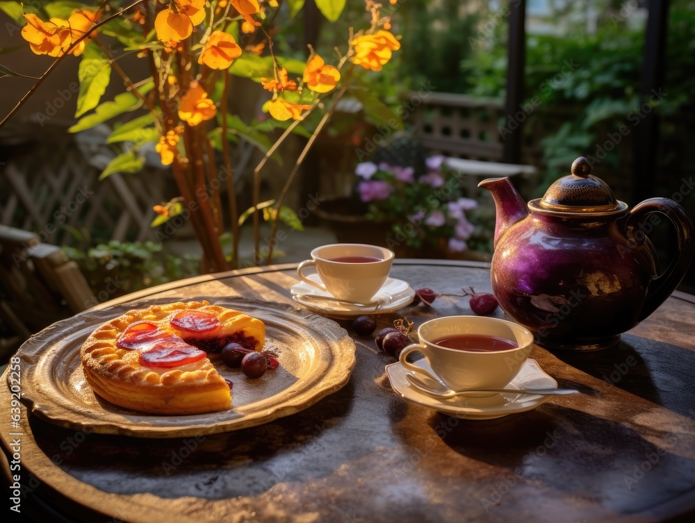 Porcelain tea set on a backyard table; steam rises from the pot, beside ...