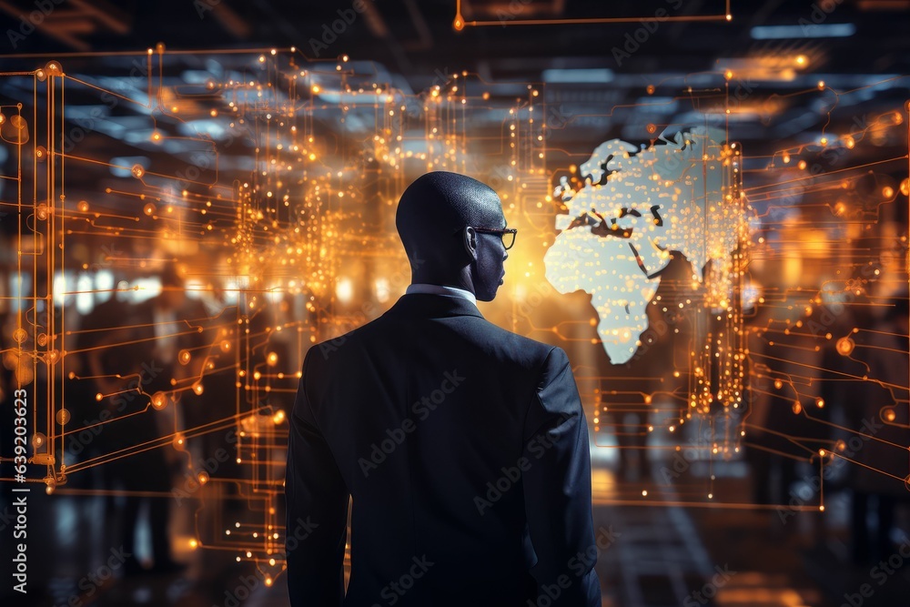 African businessman in front of the world map. The future of the ...