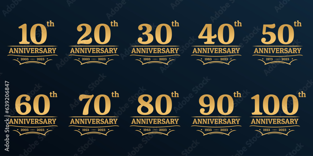 10, 20, 30, 40, 50, 60, 70, 80, 90, 100 years anniversary golden icon ...